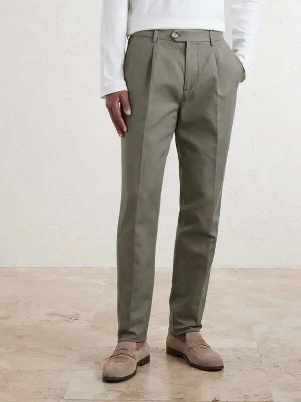 Brunello Cucinelli Straight-leg Pleated Cotton And Linen-blend Trousers - Green
