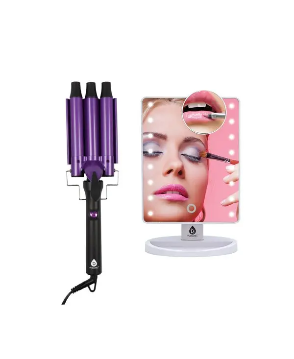 PURSONIC Dimmable Led Vanity Mirror And Triple Barrel Hair Curler: The Ultimate Glow-up Bundle - White