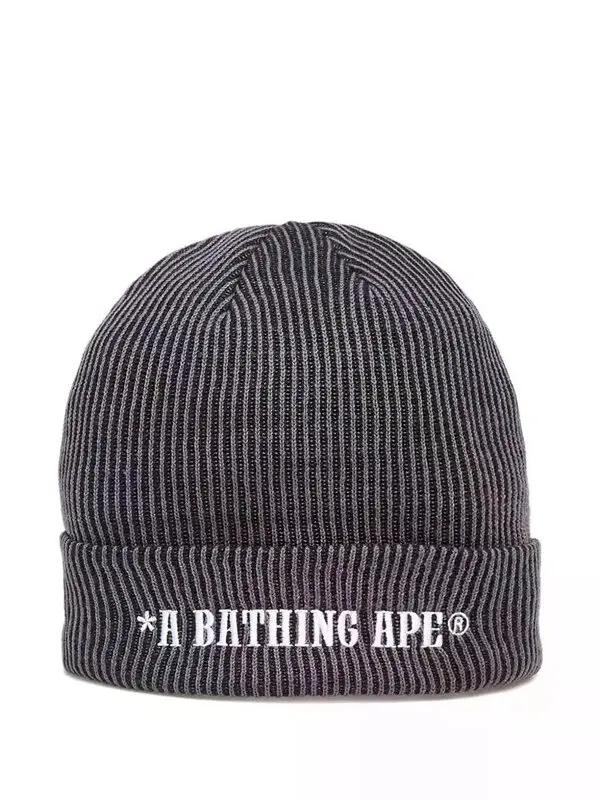 A BATHING APE Ribbed Logo Beanie Hat - Grey