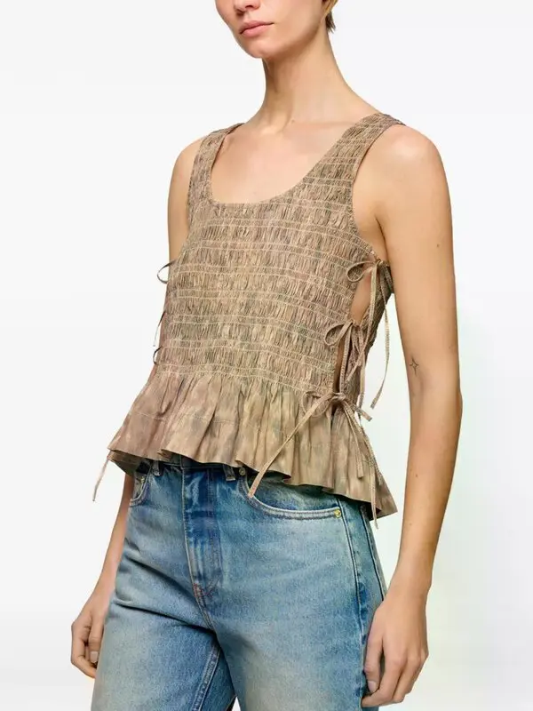 GANNI Smocked Tie Top - Neutrals