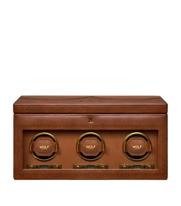 Wolf Brogue Triple Watch Winder With Storage - Brown