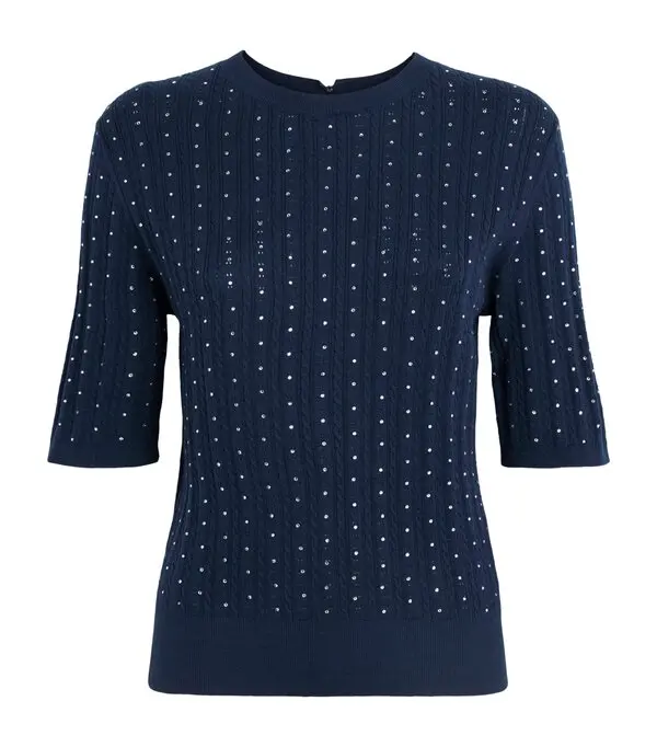 Maje Cotton-blend Rhinestone Short Sleeve Sweater - Blue