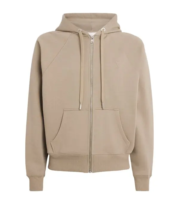 Ami Cotton Quota Zip-up Hoodie - Beige