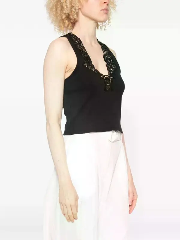 TWINSET Lace-trimmed Ribbed Cotton V-neck Tank Top - Black