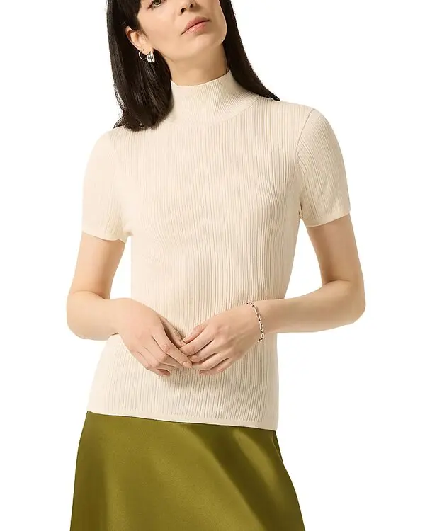 ARGENT Ribbed Short Sleeve Turtleneck Top - Off White