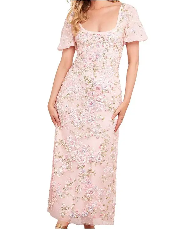 NEEDLE & THREAD Dream Garland Puff Sleeve Gown - Seashell/multi