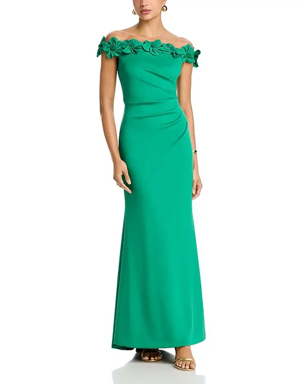 Eliza J Off-the-shoulder 3d Floral Gown - Emerald