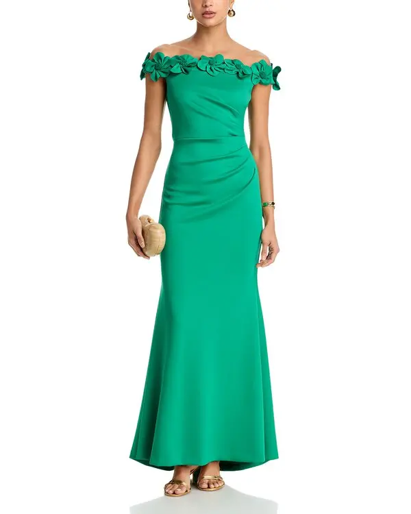 Eliza J Off The Shoulder 3d Floral Gown - Emerald - 30% Off