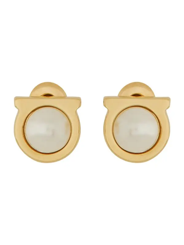 FERRAGAMO Gancini Pearl Stud Earrings - Gold