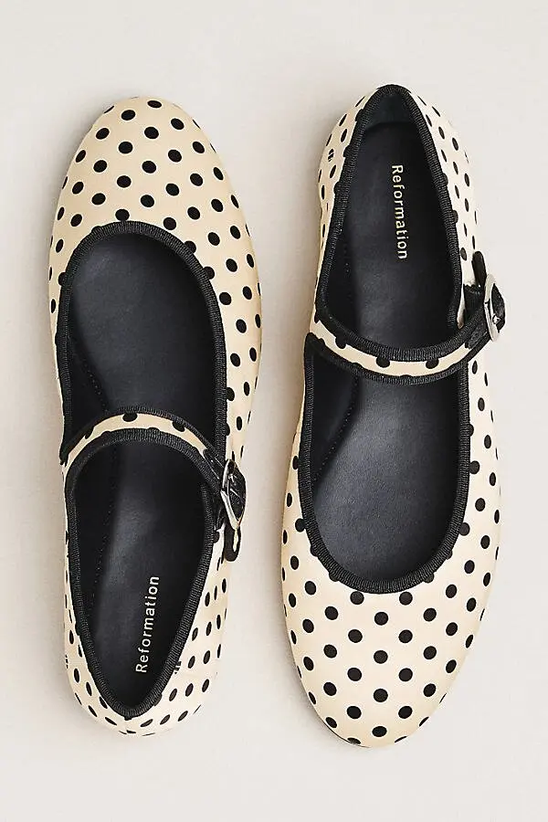 REFORMATION Tilly Ballet Flats - Almond Polka Dot Satin