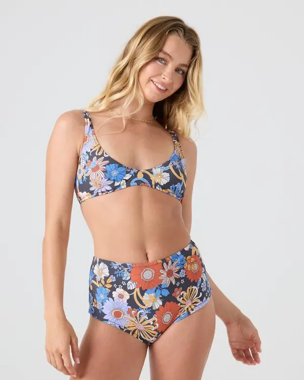 Roxy Soul Flower Scoop Bralette Bikini Top - Gray Combo