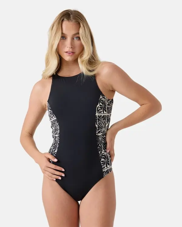 Roxy Geo Flower High Neck One-piece Swimsuit - Black/ivory