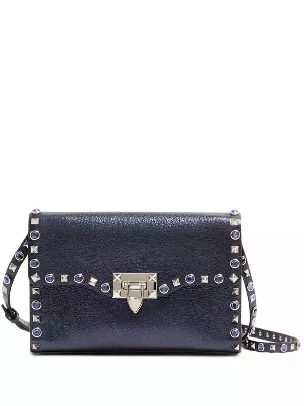 Valentino Garavani Rockstud Small Shoulder Bag In Laminated Calfskin With Cabochon Stones - Blue