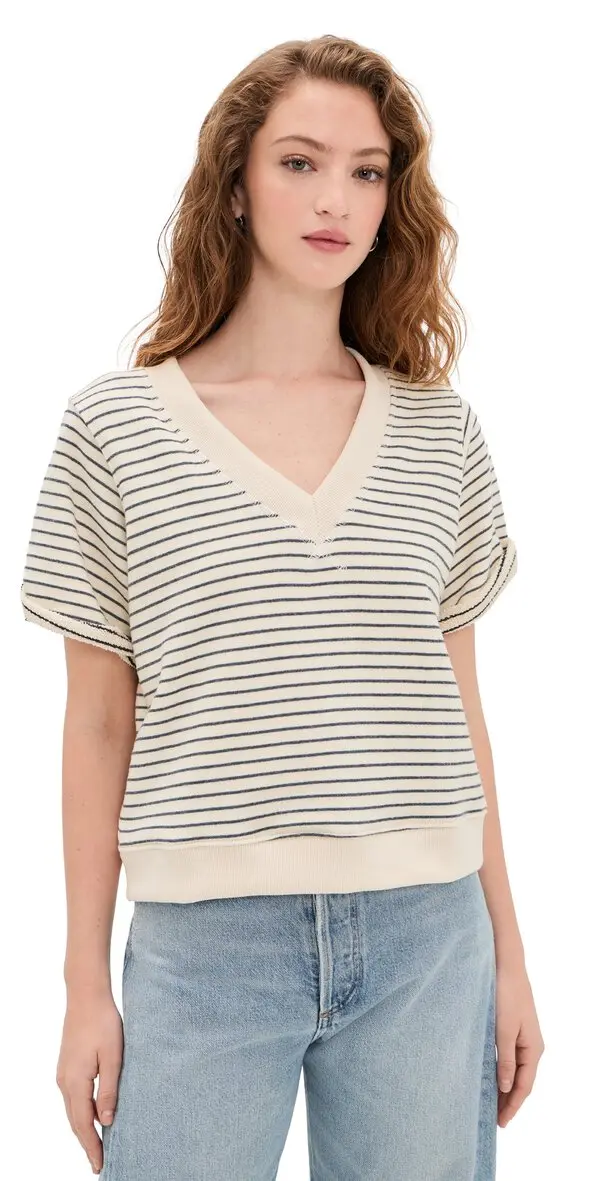 PERFECTWHITETEE French Terry Striped V-neck Sweatshirt - Natural/charcoal