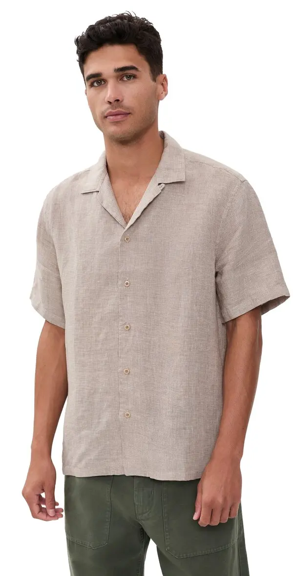 Faherty Brand Short Sleeve Laguna Linen Camp Shirt - Khaki Pincheck