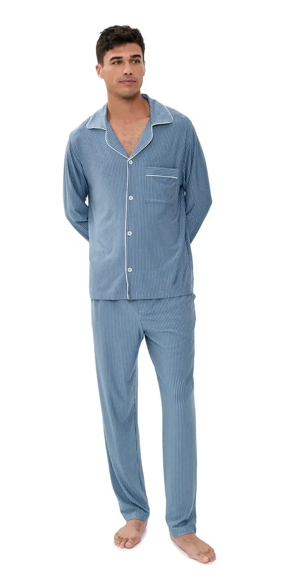 Eberjey William Modal Printed Long Pajama Set - Duo Stripe Slate Blue/ivory