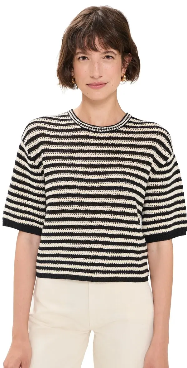 ANINE BING Theo Striped Short Sleeve Sweater - Black And Ivory Stripe