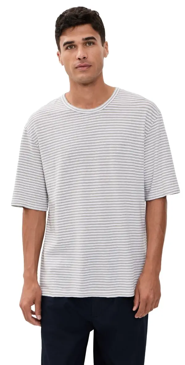 Officine Générale Elden Linen Mini Stripe Tee - Heather Grey/white