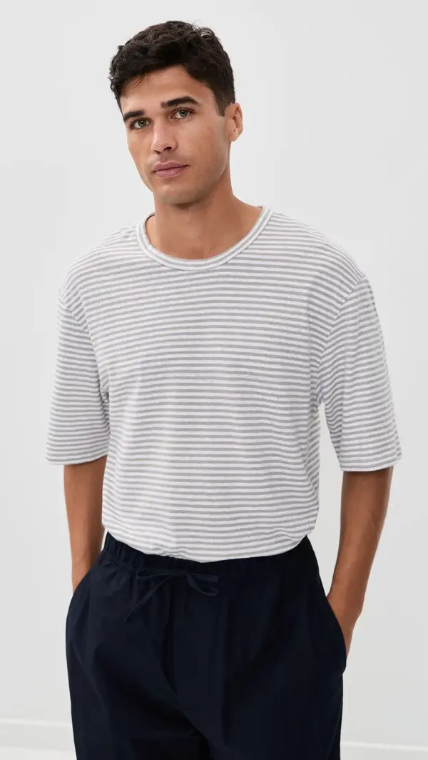 Officine Générale Elden Linen Mini Stripe Tee - Heather Grey/white