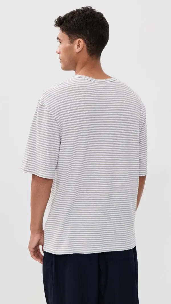 Officine Générale Elden Linen Mini Stripe Tee - Heather Grey/white