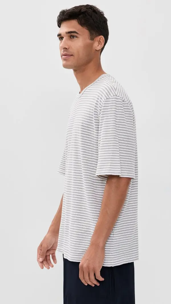 Officine Générale Elden Linen Mini Stripe Tee - Heather Grey/white