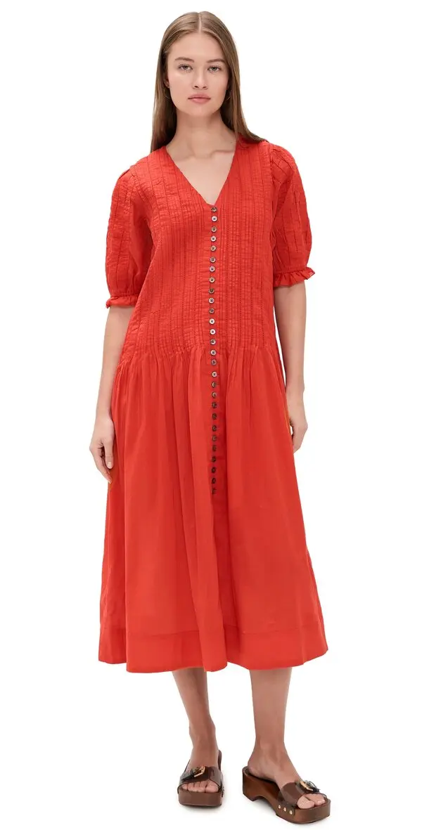 Sea Alberte Solid Puff Sleeve Dress - Red