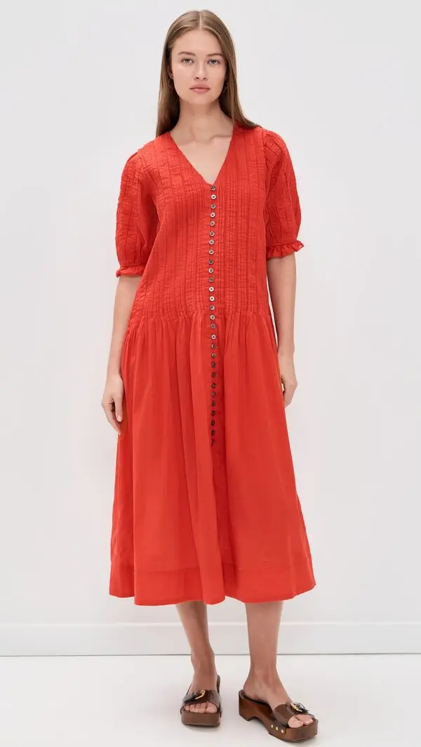 Sea Alberte Solid Puff Sleeve Dress - Red