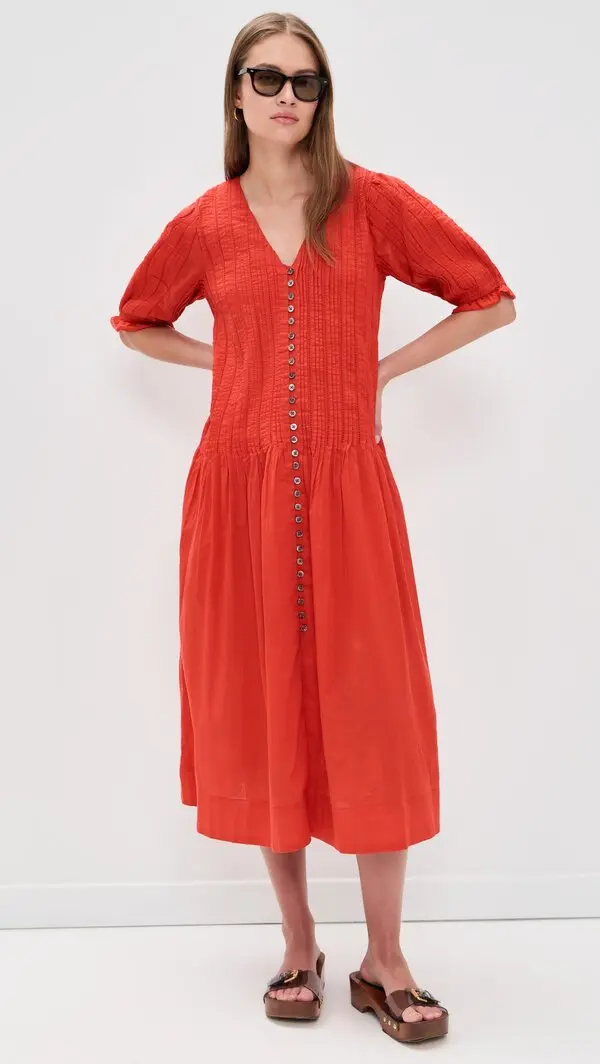Sea Alberte Solid Puff Sleeve Dress - Red