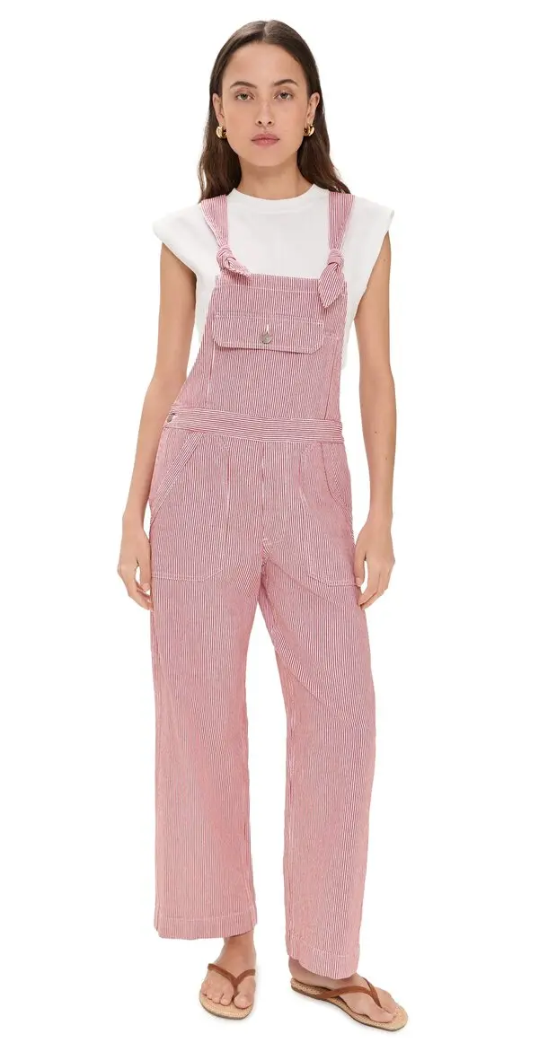 Denimist Tie Strap Relaxed Overalls - Red Railroad Stripe
