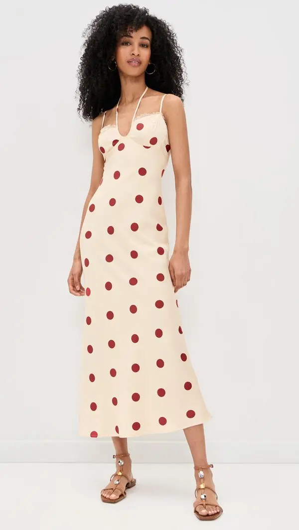 BAILEY ROSE Polka Dot Lace Trim Midi Dress - Cream
