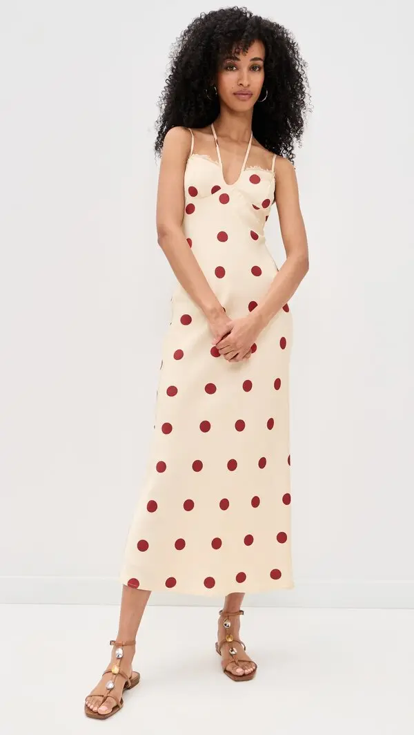 BAILEY ROSE Polka Dot Lace Trim Midi Dress - Cream