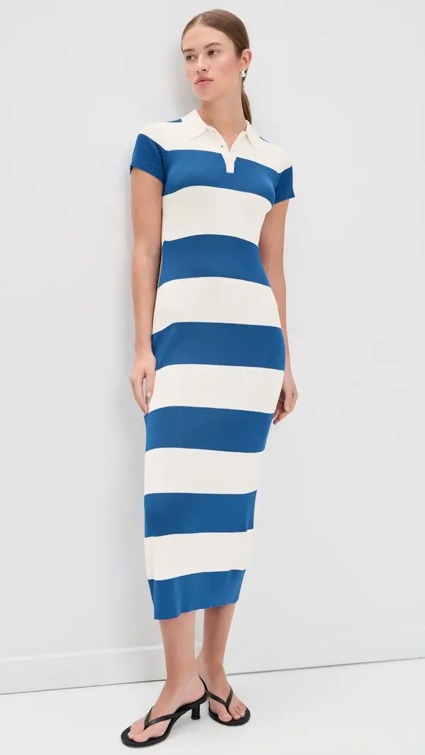 ROWING BLAZERS Striped Ribbed Knit Polo Maxi Dress