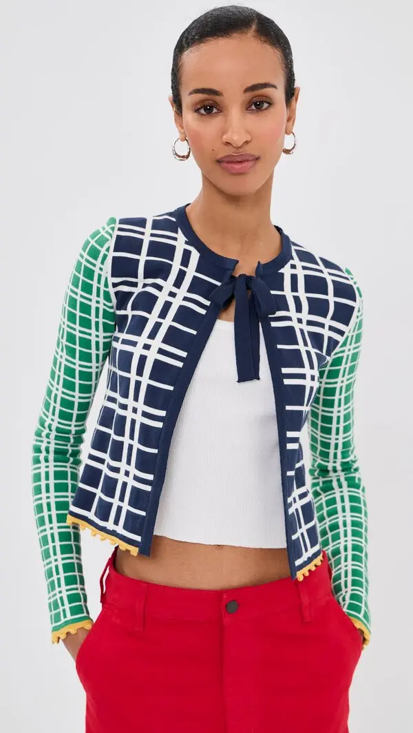 La DoubleJ Check Me Cardigan - Multicolor Green/navy/ecru