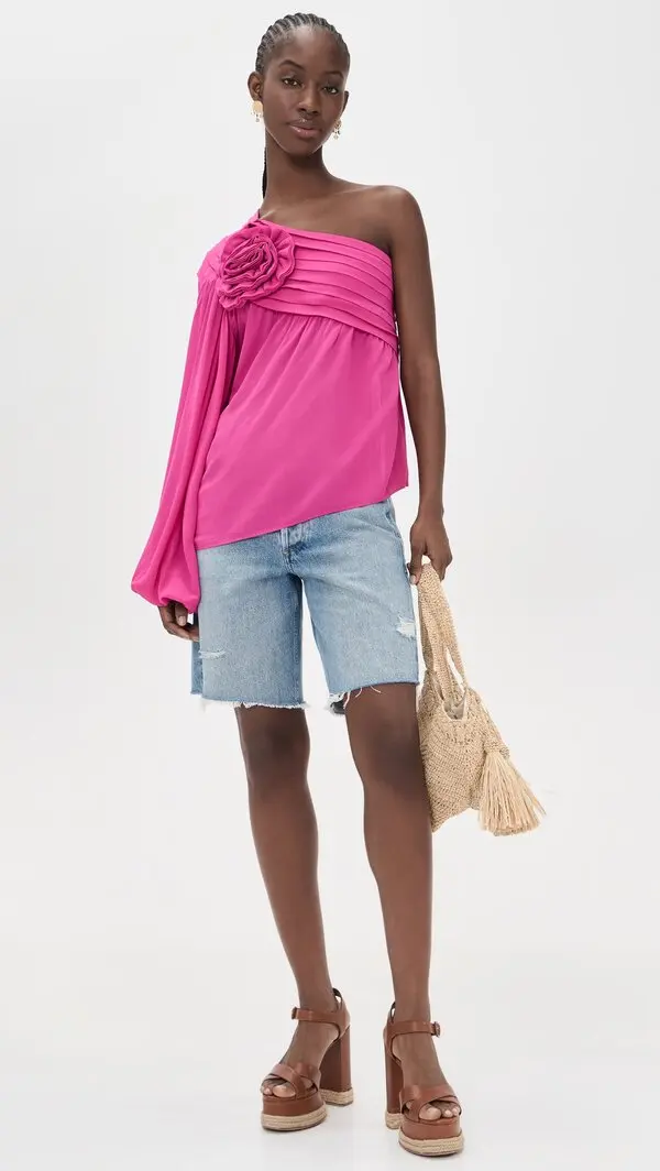 Farm Rio Rose Applique One Shoulder Puff Sleeve Blouse - Pink