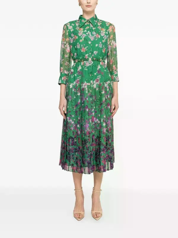 NISSA Floral Pleated Midi Dress - Green