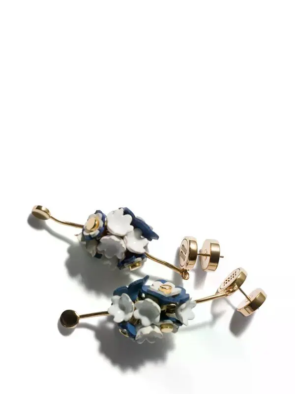 Miu Miu Floral Motif Dangle Earrings With Leather And Enamel Details - Gold