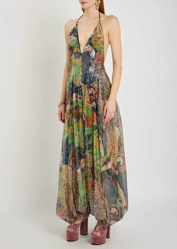 Etro Embellished Printed Mesh Halterneck Jumpsuit