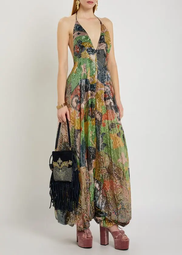 Etro Embellished Printed Mesh Halterneck Jumpsuit