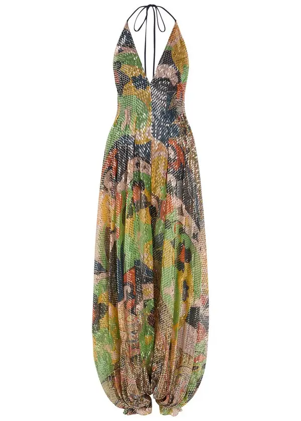 Etro Embellished Printed Mesh Halterneck Jumpsuit - Multicoloured