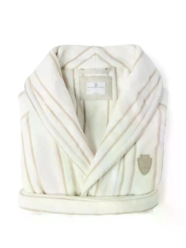 Brunello Cucinelli Striped Logo Cotton Bathrobe - White
