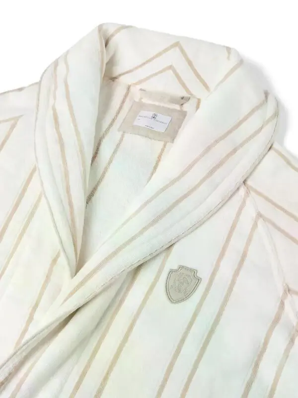 Brunello Cucinelli Striped Logo Cotton Bathrobe - White