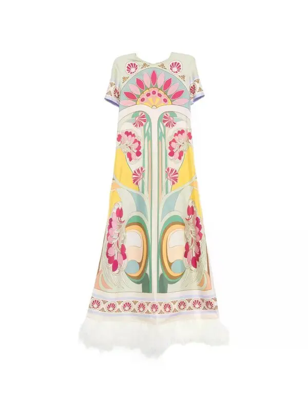 La DoubleJ Tulip Placée-print Feather-trim Maxi Dress - Neutrals