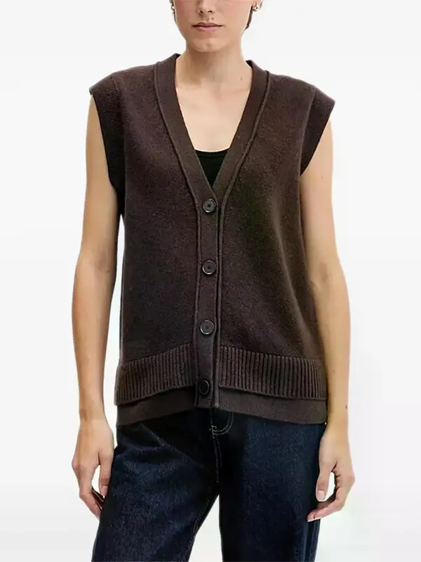 Sisley V-neck Button Vest - Brown