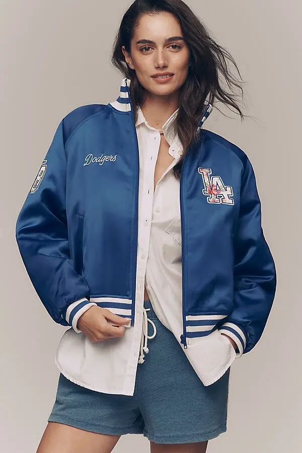 THE WILD COLLECTIVE Satin Varsity Bomber Jacket - Dodgers