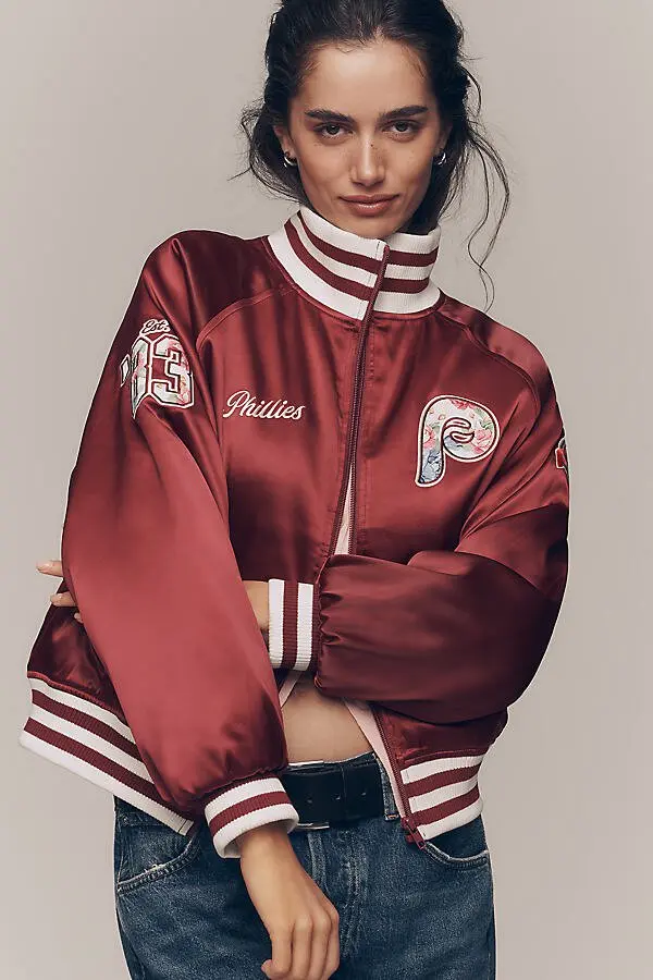 THE WILD COLLECTIVE Satin Varsity Bomber Jacket - Phillies