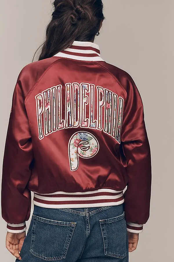 THE WILD COLLECTIVE Satin Varsity Bomber Jacket - Phillies