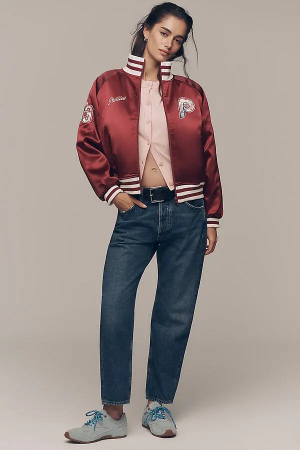 THE WILD COLLECTIVE Satin Varsity Bomber Jacket - Phillies