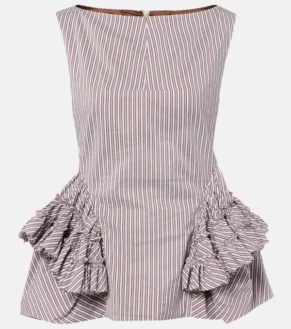 Dries Van Noten Striped Cotton And Silk Top With Ruffles - Brown