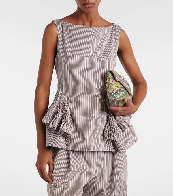Dries Van Noten Striped Cotton And Silk Top With Ruffles - Brown