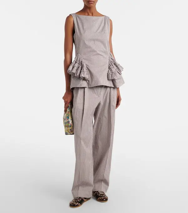Dries Van Noten Striped Cotton And Silk Top With Ruffles - Brown